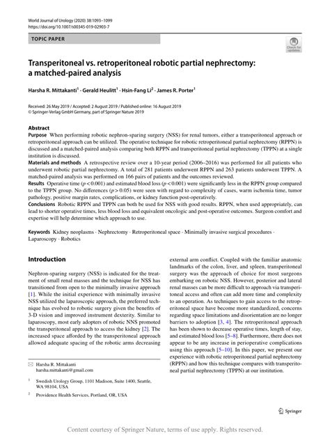 Transperitoneal Vs Retroperitoneal Robotic Partial Nephrectomy A