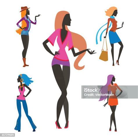 패션 모습 여자 아름 다운 여자 여자 여자 고 영 모델 스타일 헤어 레이디 캐릭터 매력 귀여운 벡터 일러스트 레이 션 실루엣 귀여운에 대한 스톡 벡터 아트 및 기타 이미지
