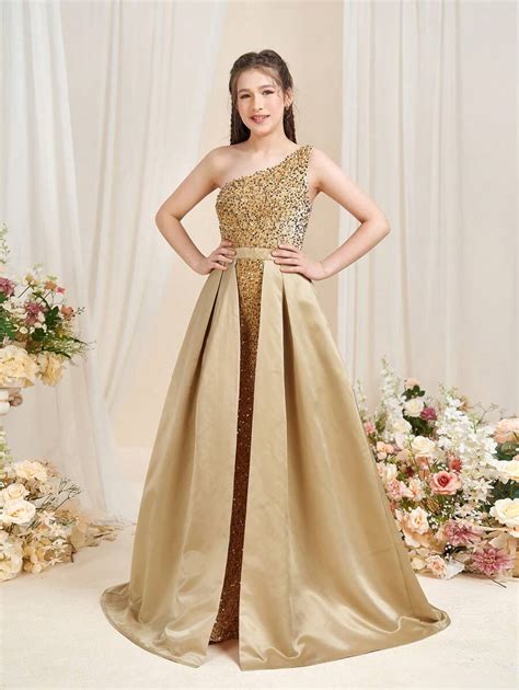 Teen Girls One Shoulder Sequin Splice Satin Party Prom Dress With Train Shein Uk
