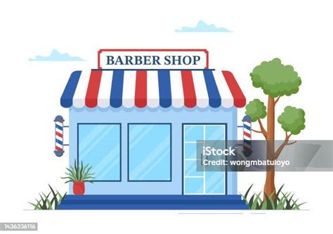 남성 또는 여성 고객을위한 이발소 거울 책상 및 헤어 커팅 장비가있는 이발 플랫 만화 손으로 그린 템플릿 일러스트 레이 션 가위에 대한 스톡 벡터 아트 및 기타 이미지