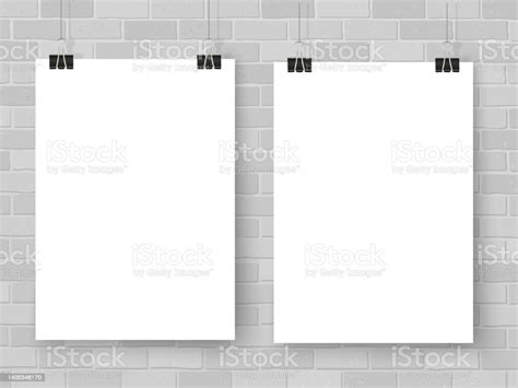 회색 벽돌 벽에 포스터 템플릿 사실적인 벽 갤러리 벡터 일러스트레이션 일러스트레이션 그림 포스터 또는 사진을위한 다채로운 빈 벡터 모형 세트 그림자에 대한 스톡 벡터 아트