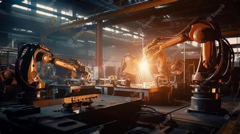 Premium Photo Robotic Arms Working At The Futuristic Factory Industrial Welding Robots Ai Generate