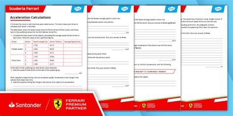 Free Scuderia Ferrari Acceleration Calculations Activity For 6th 8th Grade