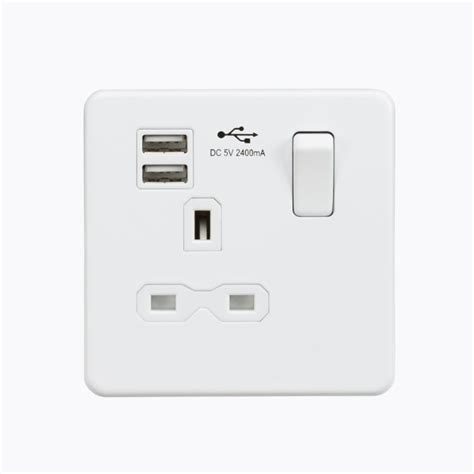 Screwless 13a 1g Switched Socket With Dual Usb Charger 24a Matt White Evolution