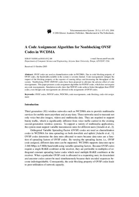 Pdf A Code Assignment Algorithm For Nonblocking Ovsf Codes In Wcdma