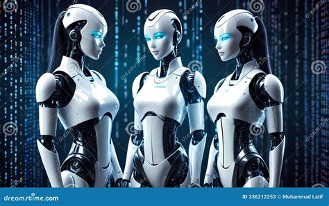 Pair Of Humanoid Cyber Girl Robots With Binary Code Represent