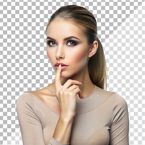 Premium Psd Woman Using The Finger To Touch The Chin