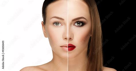 Comparison Portraits Beautiful Girl With And Without Makeup Before And