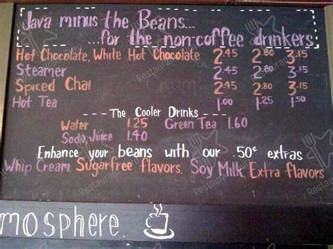 Menu At Java Bean Mount Holly