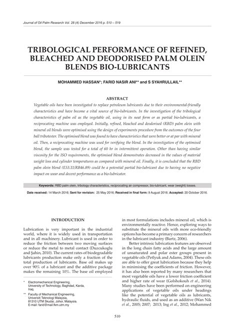 Pdf Tribological Performance Of Refined Bleached And Deodorised Palm Olein Blends Bio Lubricants