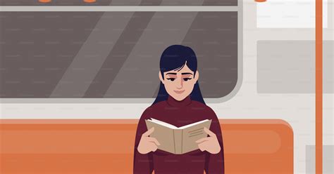 기차 세미 플랫 벡터 일러스트레이션에서 읽는 여자 대중교통에서 책을 들고 있는 여성 독자 공책을 든 학생이 통근자에 앉아 있다 상업적 사용을 위한 지하철 승객 2d