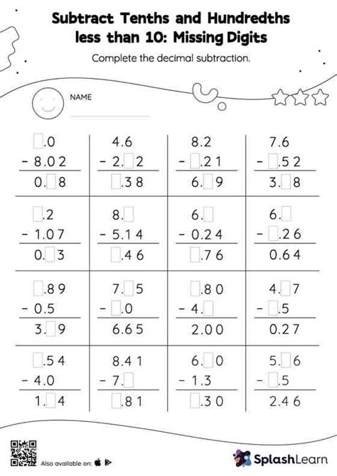 Subtract Tenths And Hundredths Less Than 10 Missing Digits Math
