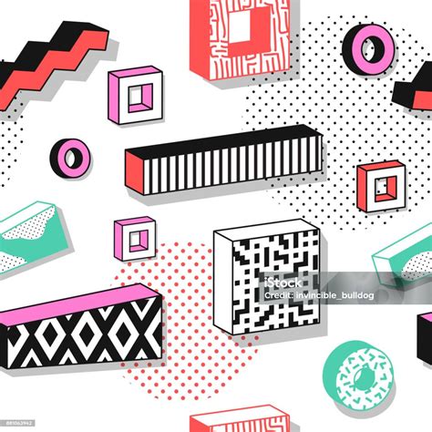 3 차원 기하학적 도형으로 추상 완벽 한 패턴입니다 패션 80 년대 90 년대 직물 디자인 유행 Hipster 배경입니다 벡터 일러스트 레이 션 3차원 형태에 대한 스톡