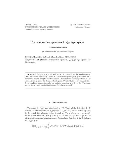 Pdf On Composition Operators In Qk Type Spaces