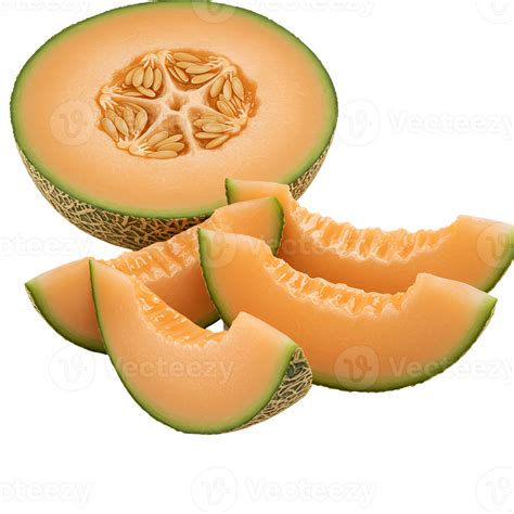 Close Up Of A Halved Cantaloupe With Seeds And Several Slices On An