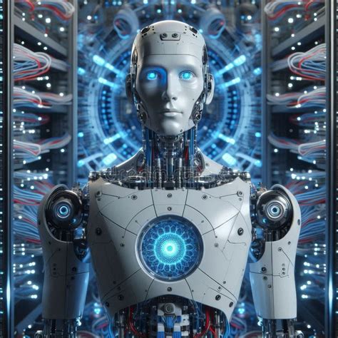 Futuristic Humanoid Robot with Glowing Blue Eyes in a Cybernetic Environment Stock Photo - Image ...