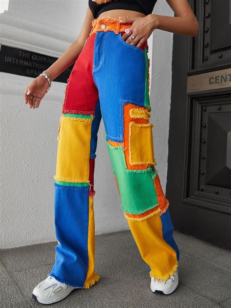Patchwork Print Raw Edge Jeans Denim Fashion Clothes Women Jeans