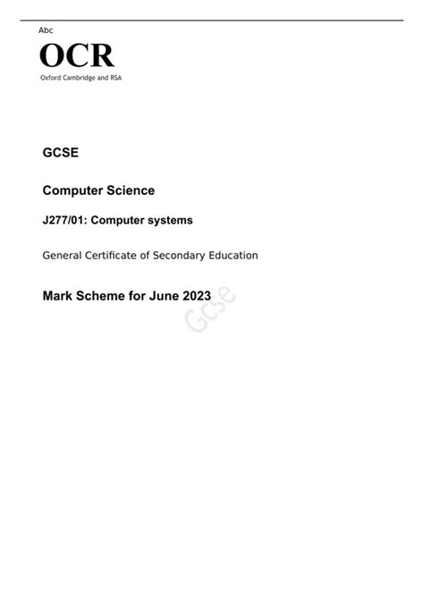 Ocr Gcse 91 Computer Science J27701 June 2o23 Mark Scheme Computer
