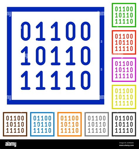set of color square framed binary code flat icons on white background