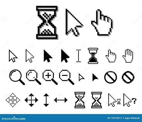 Pixel Cursors Buttons Hand And Arrow Icons Cartoon Vector