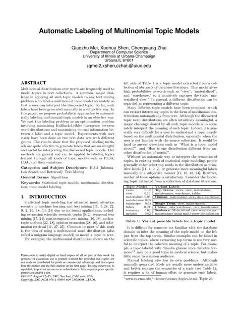 Pdf Automatic Labeling Of Multinomial Topic Models