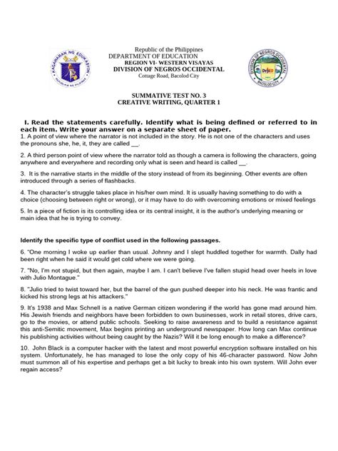 Summative Test With Tos Cw Melc 4 Pdf Narration