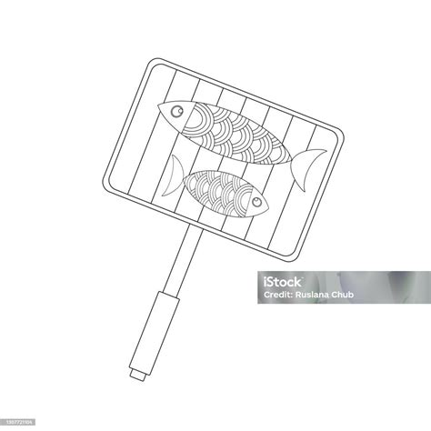 그릴과 생선은 흰색 배경에 검은 색 윤곽선으로 그려집니다 그릇 부엌 장식 색칠 공부에 인쇄에 대한 귀여운 그림 벡터 그래픽 물고기에 대한 스톡 벡터 아트 및 기타 이미지