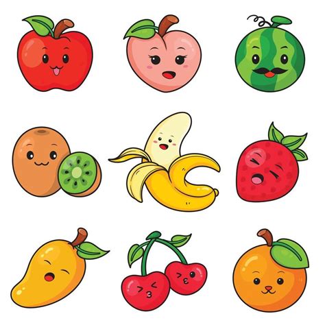 Fruit Cartoon Character Vector Set Fruit Cartoon Drawing Easy Kawaii