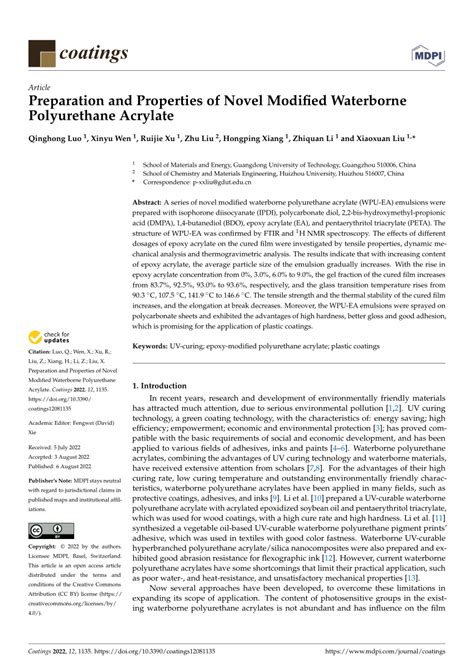 Pdf Preparation And Properties Of Novel Modified Waterborne Polyurethane Acrylate