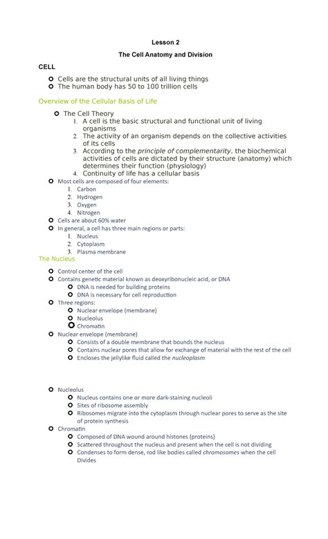 Cell Structure Lecture Notes Lesson 2 The Cell Anatomy And Division CELL Cells Are The Studocu
