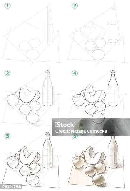 페이지는 정물을 그리는 방법을 단계별로 배우는 방법을 보여줍니다 아이들에게 그림 그리기와 색칠하기 기술을 개발합니다 어린이 활동 시트 벡터 이미지입니다 0명에 대한 스톡