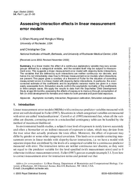 Pdf Assessing Interaction Effects In Linear Measurement Error Models