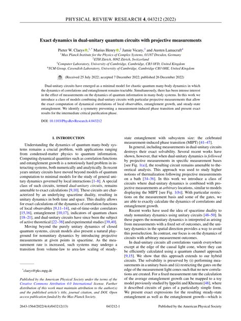 Pdf Exact Dynamics In Dual Unitary Quantum Circuits With Projective Measurements