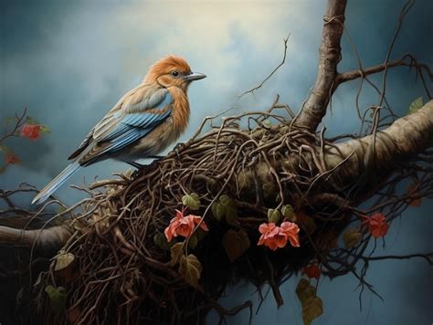 Premium AI Image Bird Sitting In A Nest On A Tree Branch