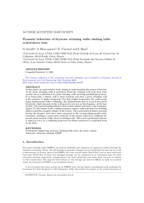 Pdf Dynamic Behaviour Of Drystone Retaining Walls Shaking Table Scaled Down Tests