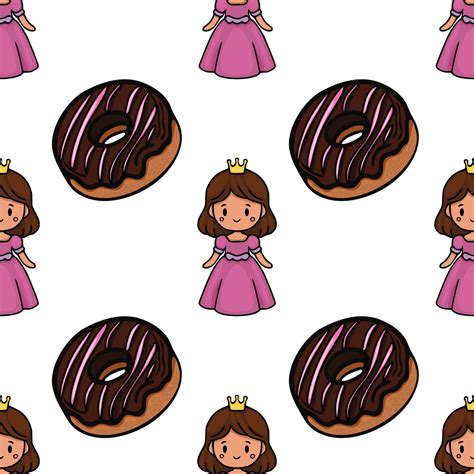 Cute Princess And Chocolate Donut Seamless Pattern With Pink Icing