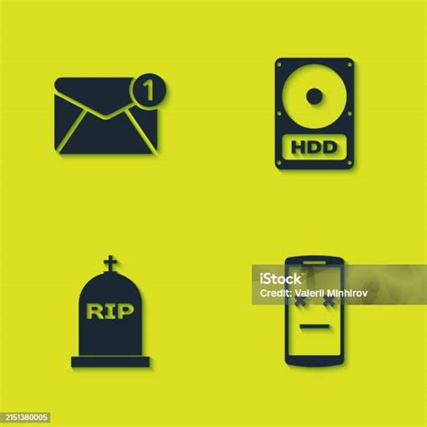 새로 만들기 이메일 수신 메시지 데드 모바일 Rip가 쓰여진 삭제 표시 및 하드 디스크 드라이브 Hdd 아이콘을 설정합니다 벡터