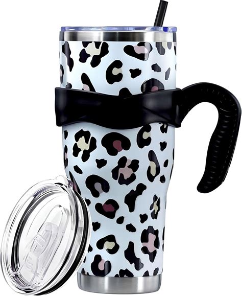 Sunmdecor White Leopard Print Tumbler With Handle And Silicone Straws