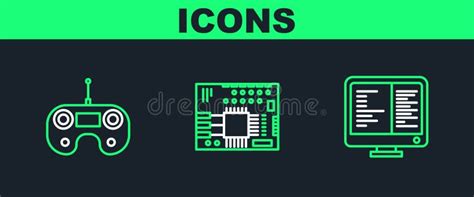 Set Line Computer Monitor Screen Remote Control And Printed Circuit Board Pcb Icon Vector