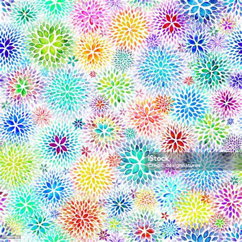 종이 질감이 빛나는 하이라이트가 있는 부분적으로 젖은 단계에서 촬영 된 변속 색상과 수채화 국화 꽃의 원활한 패턴 절대 흰색에