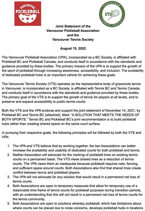 Joint Statement Vancouver Tennis Society