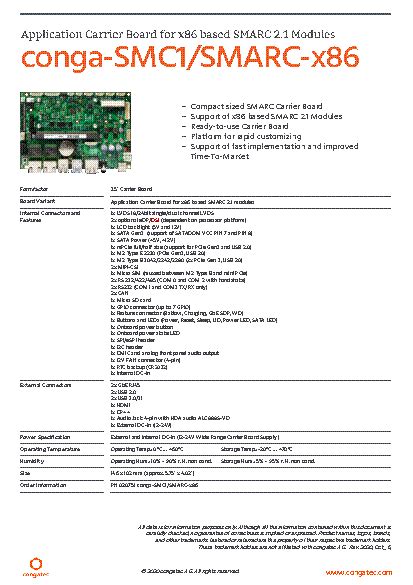 conga smc1 smarc x86 datasheet compact sized carrier board for x86