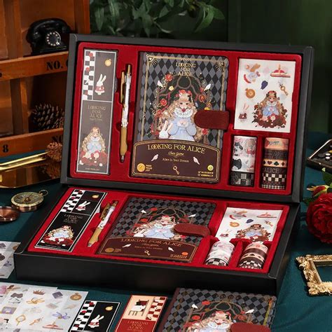 귀여운 노트북 상자 세트 메모장 문구 귀여운 레드 블랙 일기 예산서 저널 및 와시 테이프 학용품 선물 Aliexpress