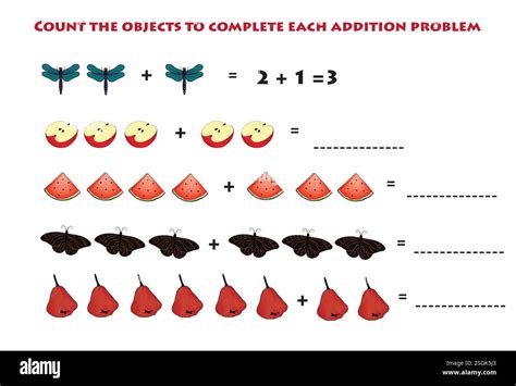 Count The Objects To Complete Each Addition Problem Stock Vector Image