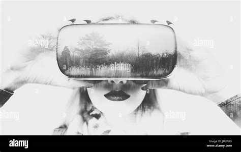 Attractive Woman Wearing Virtual Reality Glasses Vr Headset Doble Exposure Virtual Reality