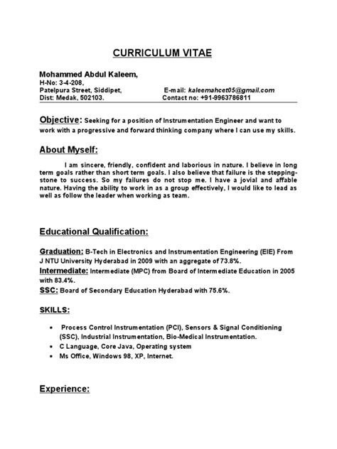 Curriculum Vitae Pdf Instrumentation Electrical Engineering