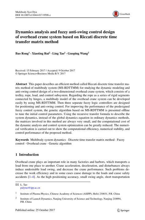 PDF Dynamics Analysis And Fuzzy Anti Swing Control Design Of Overhead Crane System Based On