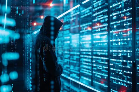 A Hooded Hacker Looking At Data Server Storage Cybersecurity Stolen Data Privacy Copy Space
