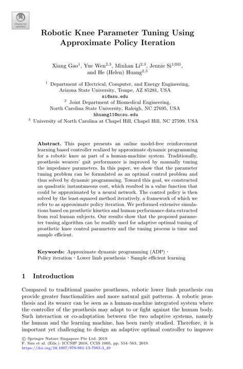 pdf robotic knee parameter tuning using approximate policy iteration