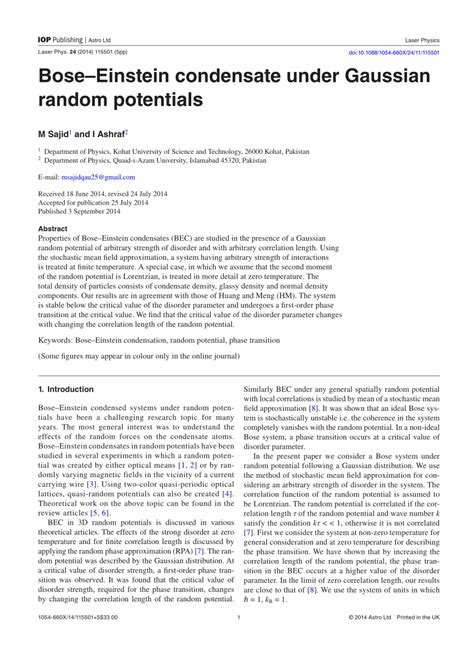 Pdf Boseeinstein Condensate Under Gaussian Random Potentials